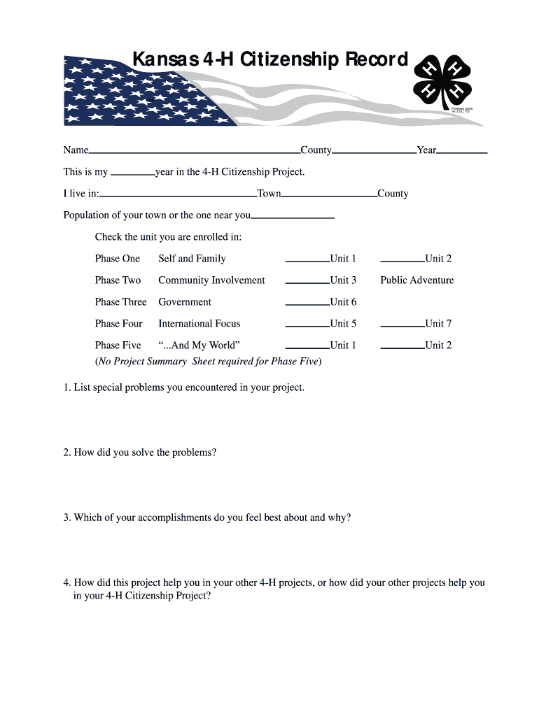 Fillable Online meadowlark k-state P1086 Kansas 4-H Citizenship Record ...