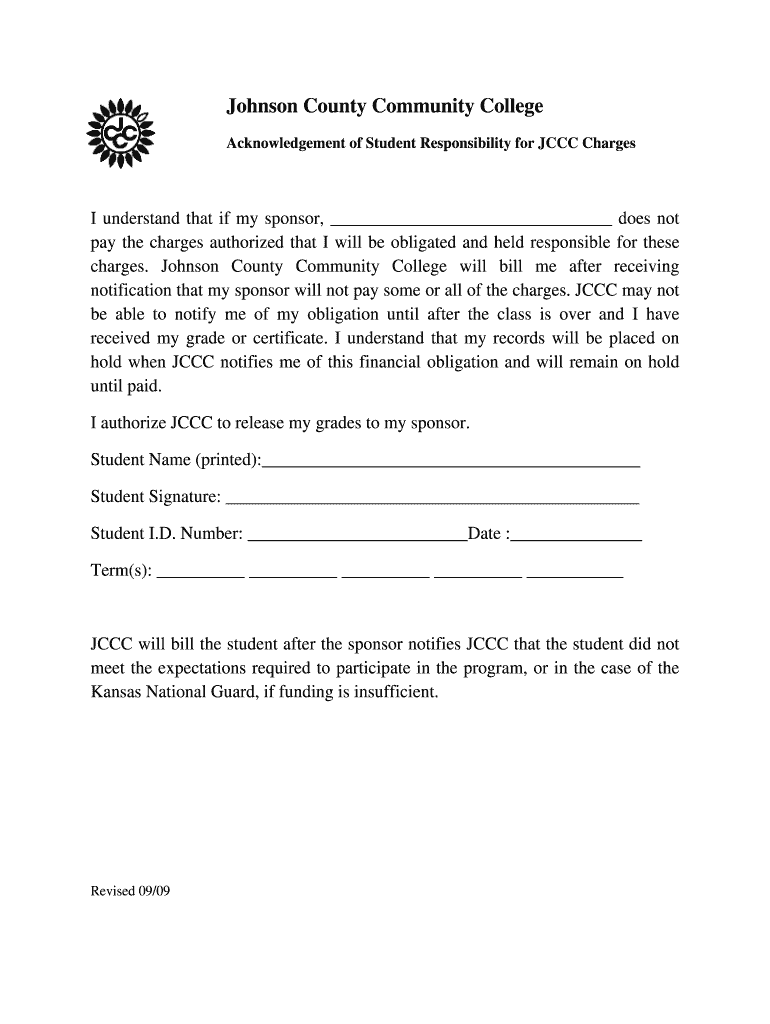 Fillable Online jccc Johnson County Community College Acknowledgement of Student Responsibility ...