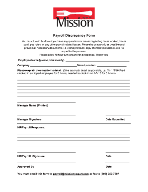 Fillable Online missionyogurt Payroll Discrepancy Form - 2016 ...