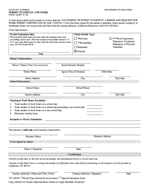 Fillable Online Permit to Employ and Work - Work Experience CA Dept of ...
