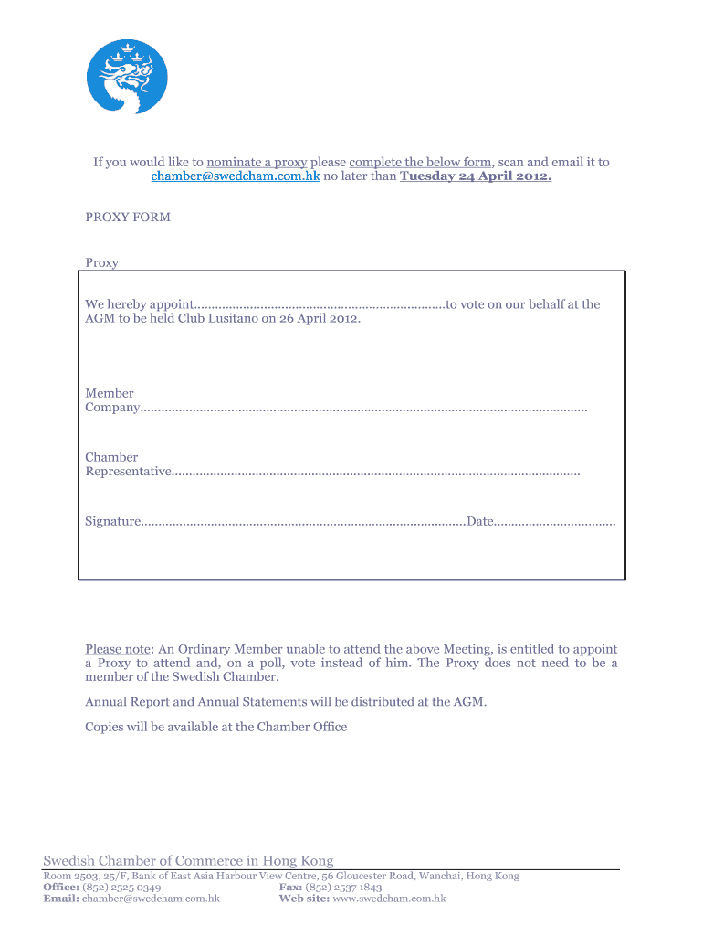 Fillable Online PROXY FORM Proxy - Swedish Chamber of Commerce in Hong ...