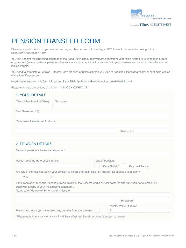 Fillable Online sagainvestments co PENSION TRANSFER FORM Fax Email ...