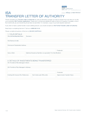 Fillable Online sagainvestments co ISA TRANSFER LETTER OF AUTHORITY Fax ...