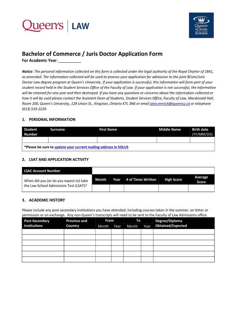 Fillable Online Bachelor of Commerce Juris Doctor Application Form Fax Email Print - pdfFiller