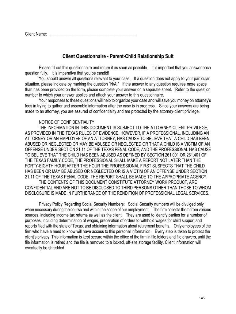 Fillable Online Client Name: Client Questionnaire ParentChild ...