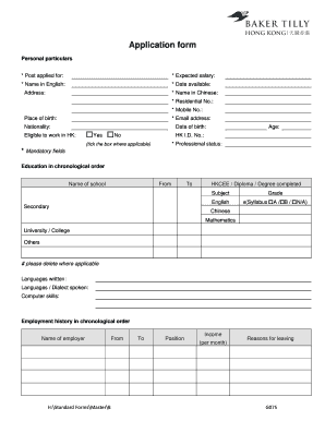 Fillable Online Application form - Baker Tilly Hong Kong Fax Email ...
