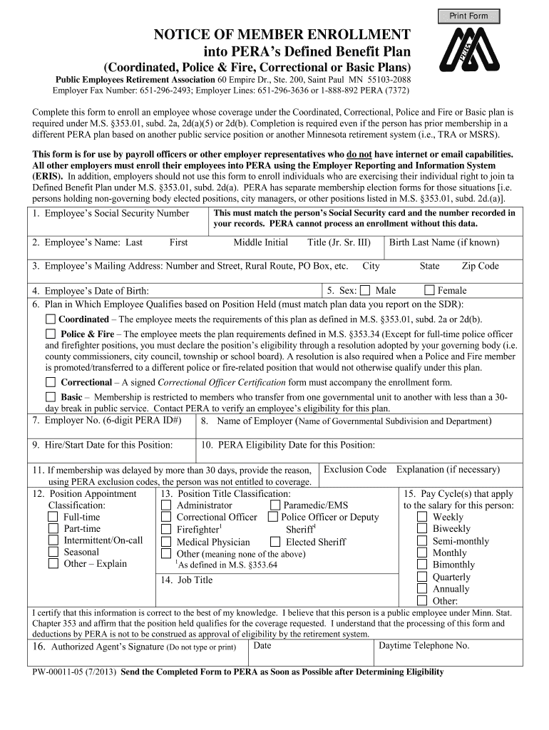 Fillable Online mnpera NOTICE OF MEMBER ENROLLMENT - Public bEmployeesb ...