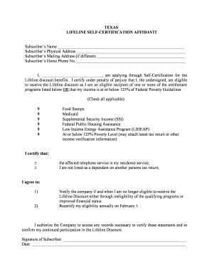 Fillable Online swat TEXAS LIFELINE SELF-CERTIFICATION AFFIDAVIT - SWAT ...