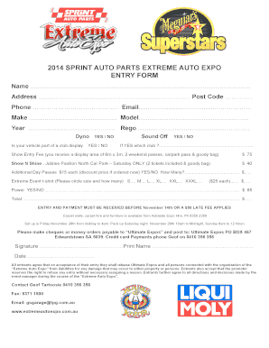 Fillable Online 2014 SPRINT AUTO PARTS EXTREME AUTO EXPO ENTRY FORM ...