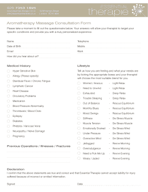 Fillable Online essential-therapie co Aromatherapy Massage Consultation ...