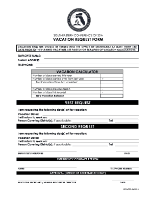 Fillable Online SOUTHEASTERN CONFERENCE OF SDA VACATION REQUEST Fax ...