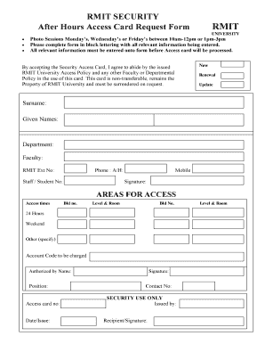 Fillable Online RMIT SECURITY After Hours Access Card Request Form Fax ...