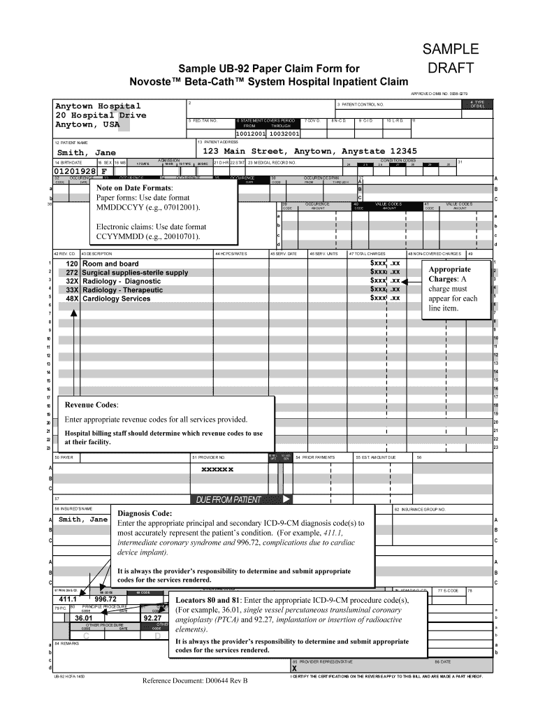 Fillable Online SAMPLE Sample UB-92 Paper Claim Form for DRAFT Fax ...