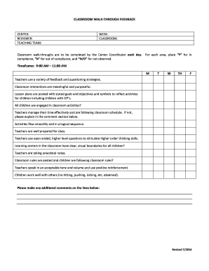 Fillable Online web gleamnshrc CLASSROOM WALK-THROUGH FEEDBACK Fax ...
