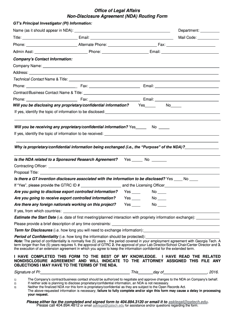 Fillable Online Office of Legal Affairs Nondisclosure Agreement NDA ...