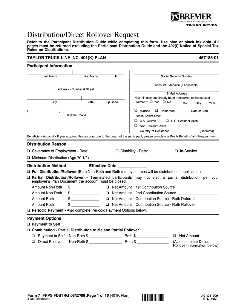 Fillable Online DistributionDirect Rollover Request - Taylor Home Fax ...