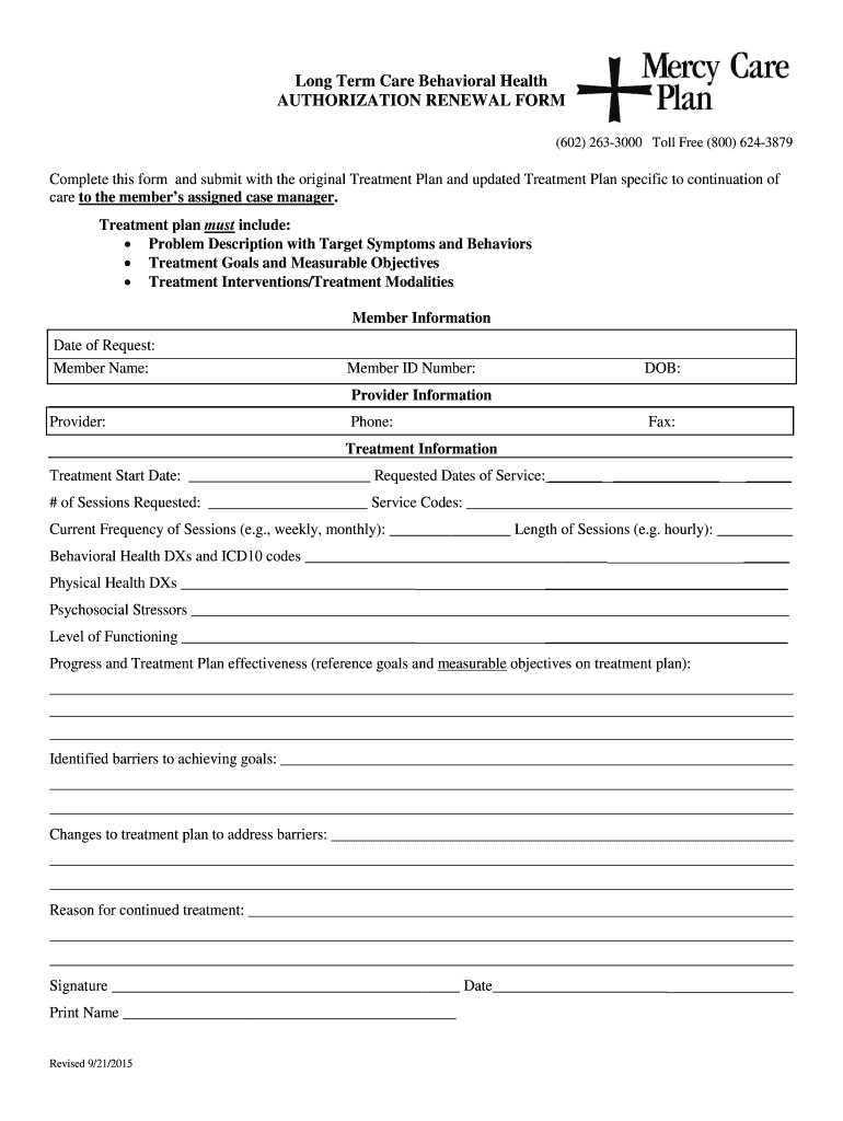 Fillable Online Long Term Care Behavioral Health AUTHORIZATION RENEWAL ...