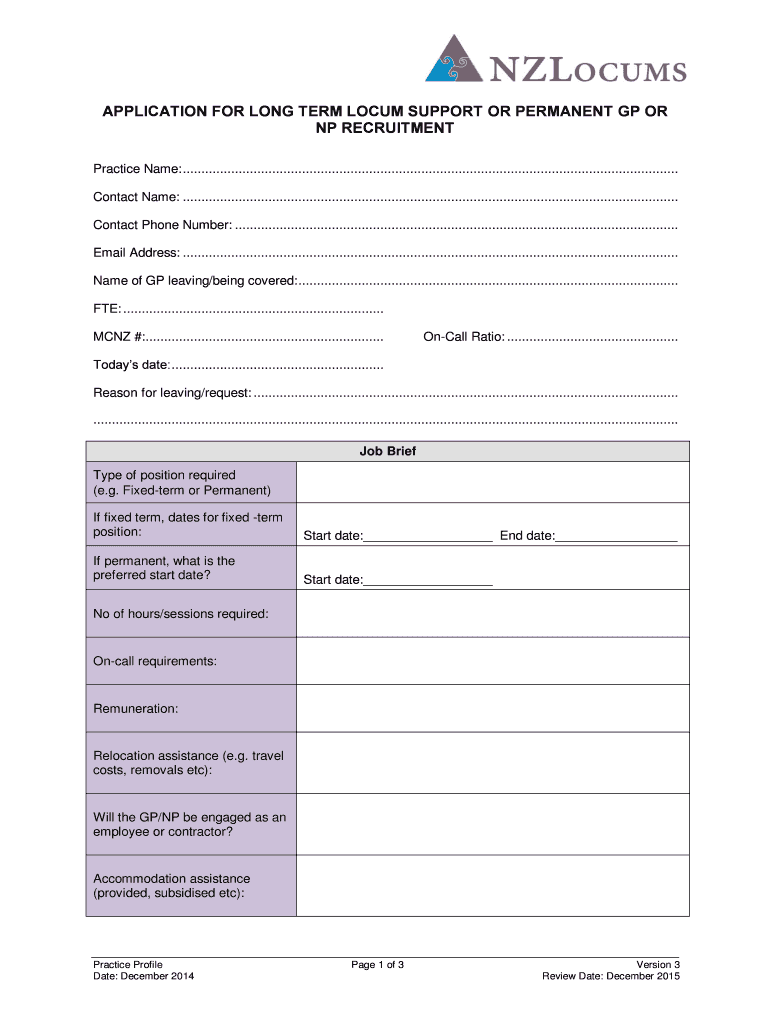 Fillable Online APPLICATION FOR LONG TERM LOCUM SUPPORT OR PERMANENT GP ...