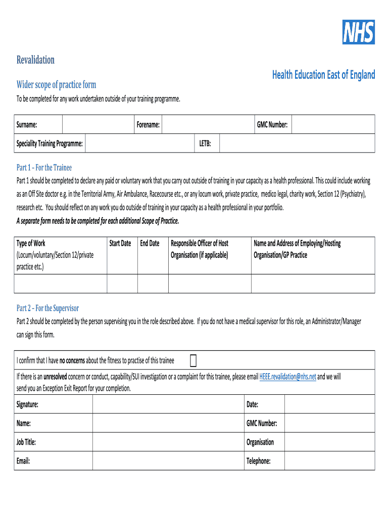 Fillable Online heeoe hee nhs Wider Scope of Practice Form - Health Education East of Fax Email ...