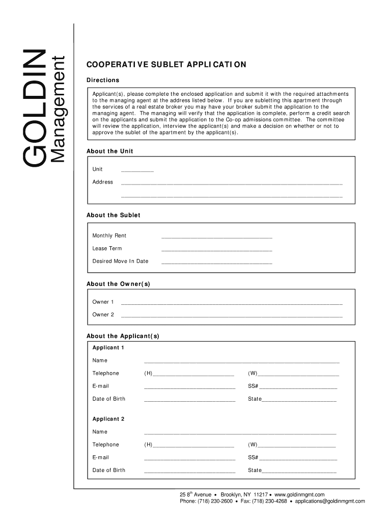 Fillable Online COOPERATIVE SUBLET APPLICATION - Goldin Management Fax ...