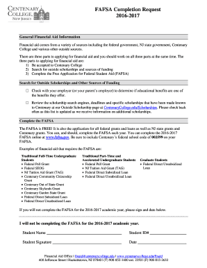 Fillable Online centenarycollege FAFSA Completion Request 2016-2017 Fax ...