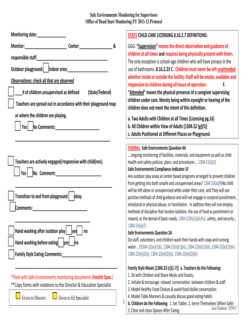 Fillable Online Monitoring date STATE CHILD CARE LICENSING 81627 Fax ...