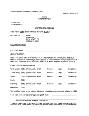 Fillable Online Administration Sample Uniform Order Form Season Fax ...