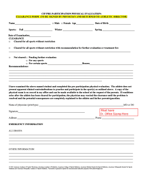 Fillable Online CIF PRE-PARTICIPATION PHYSICAL EVALUATION CLEARANCE ...