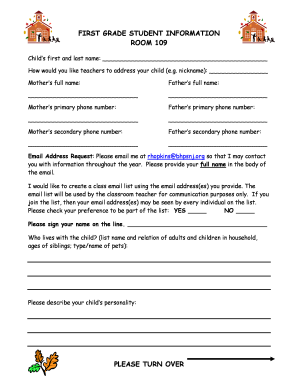 Fillable Online FIRST GRADE STUDENT INFORMATION ROOM 109 Fax Email ...