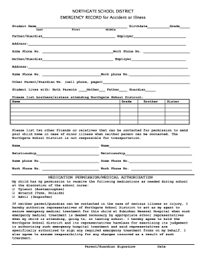 Fillable Online northgate k12 pa EMERGENCY RECORD for Accident or ...