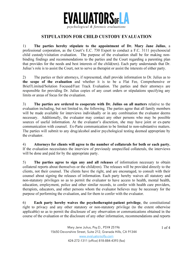 Fillable Online STIPULATION FOR CHILD CUSTODY EVALUATION Fax Email ...