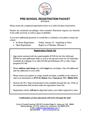Fillable Online cof-preschool PRE-SCHOOL REGISTRATION PACKET Fax Email ...