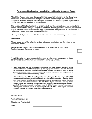 Fillable Online Customer Declaration in relation to Needs Analysis Form ...