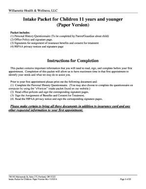 Fillable Online Intake Packet for Children 11 years and younger Paper ...