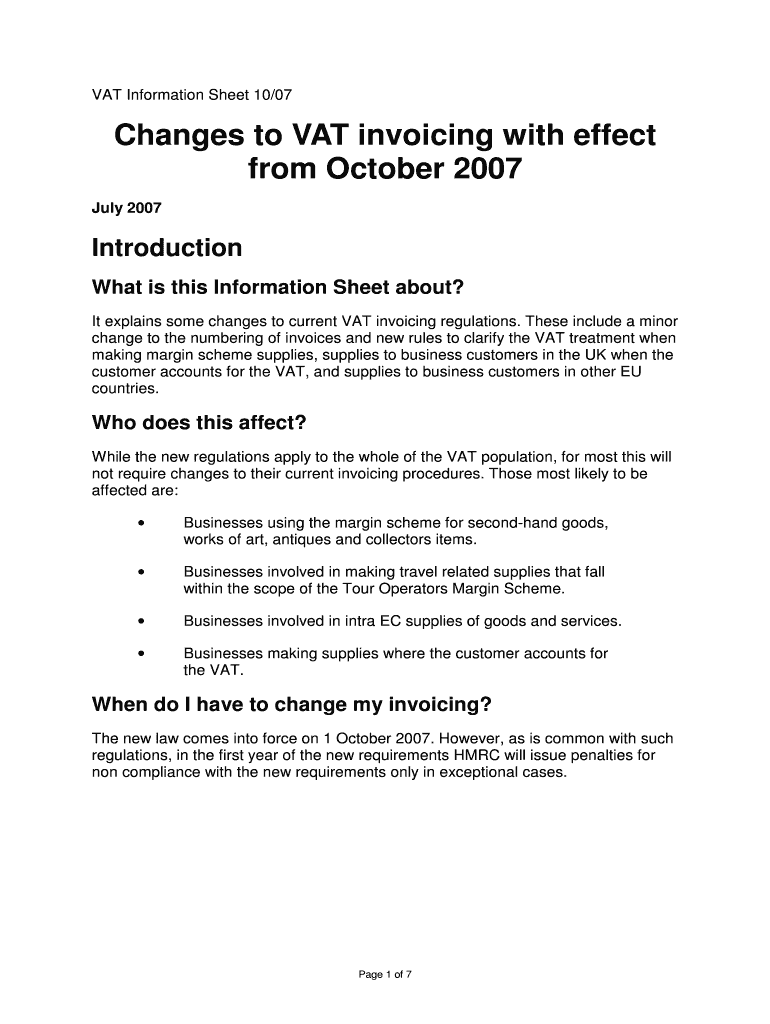 Fillable Online VAT Information Sheet 10/07 Fax Email Print - pdfFiller