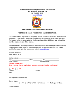 Fillable Online mbfte APPLICATION FOR LICENSE REINSTATEMENT THERE IS NO ...