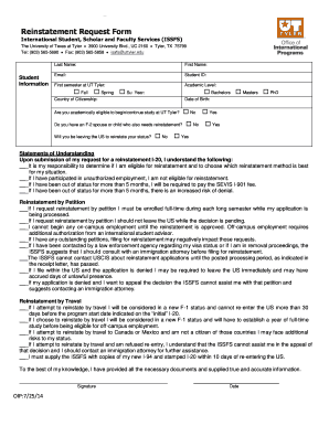 Fillable Online uttyler Reinstatement Request Form - University of Texas at Tyler - uttyler Fax ...