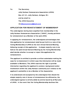 Fillable Online Reinstatement Application Form - jhhaforumcom Fax Email ...