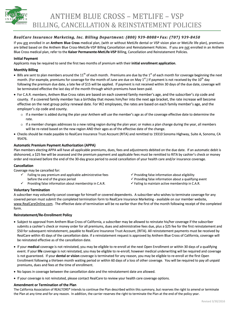 Fillable Online ANTHEM BLUE CROSS METLIFE VSP - realcarecarcom Fax ...
