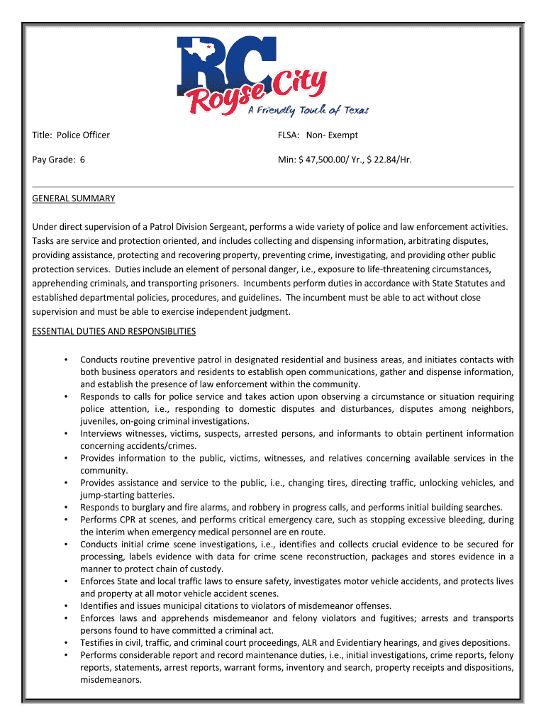 Fillable Online Title Police Officer FLSA Non- Exempt Fax Email Print ...