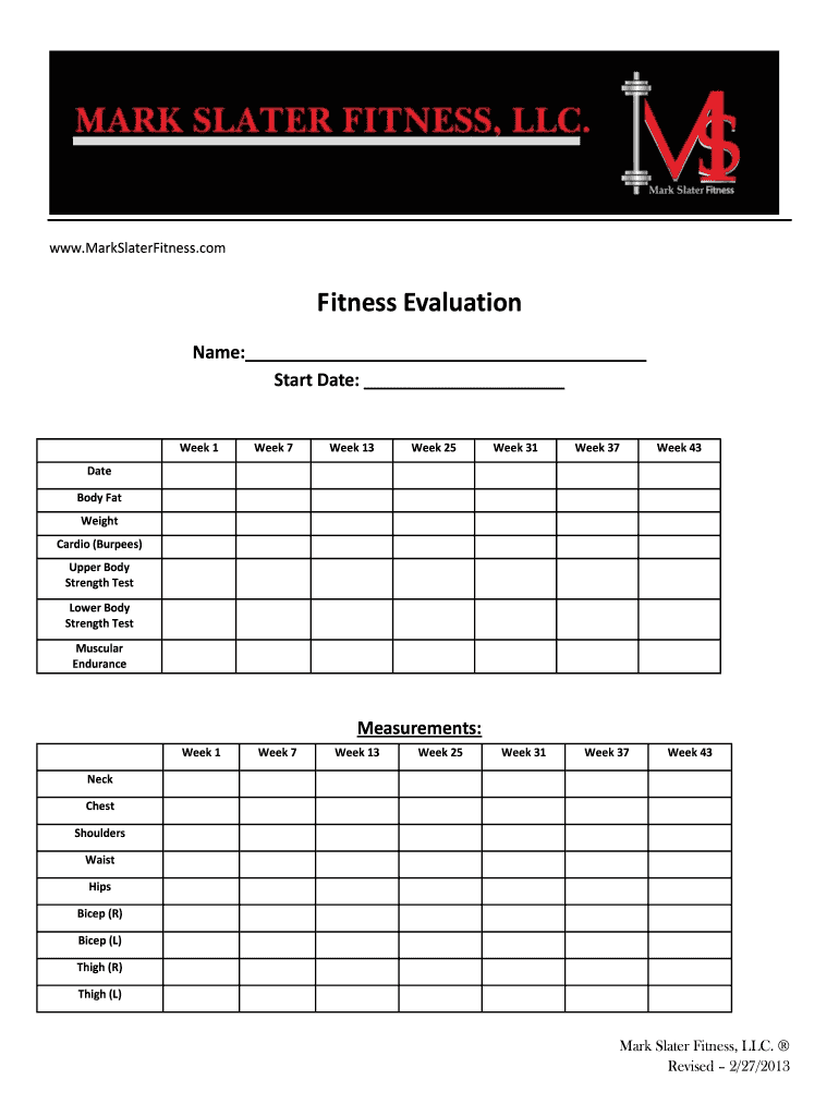 Fillable Online Fitness Evaluation - MARK SLATER FITNESS LLC Fax Email ...