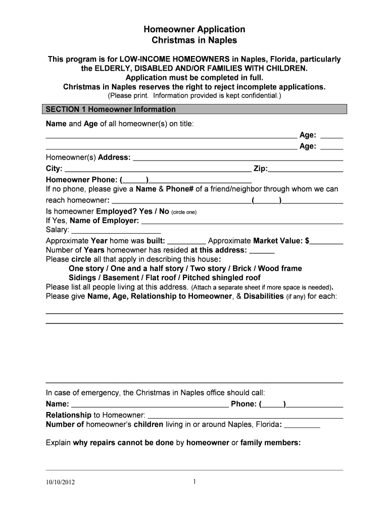 Fillable Online Homeowner Application Christmas in Naples Fax Email ...