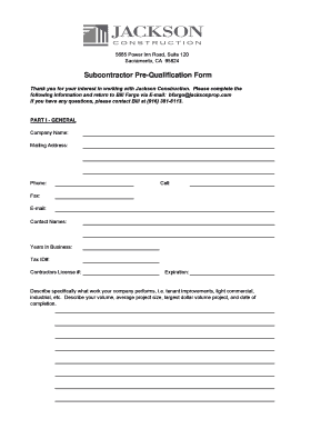 Fillable Online Subcontractor Pre-Qualification Form 3.3.05 rev 8.14.07 ...