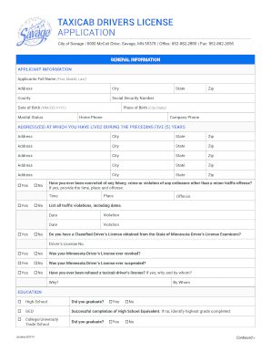 Fillable Online Taxicab drivers license application - City of Savage ...