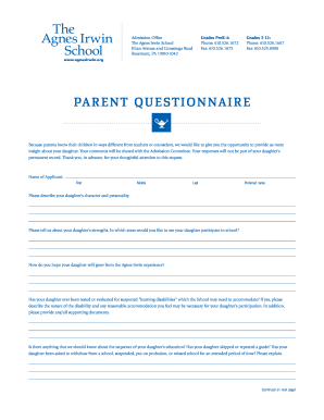 Fillable Online PArent questIonnAIre - Agnes Irwin School Fax Email ...