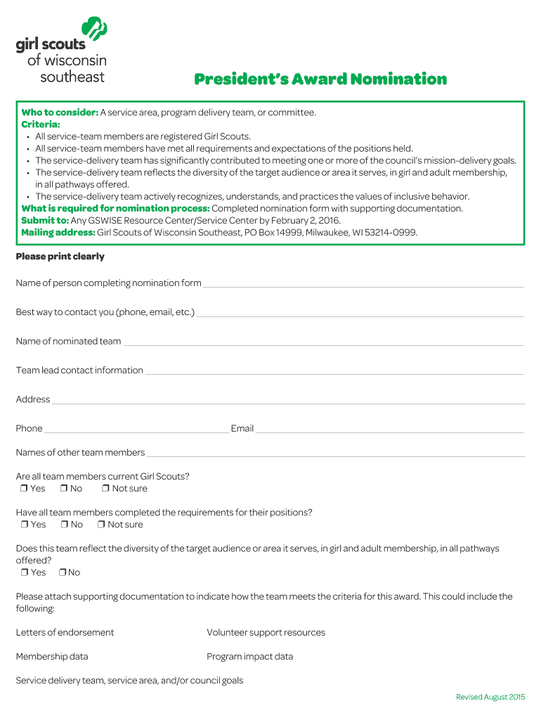 Fillable Online gswise Presidents award nomination formindd Fax Email Print - pdfFiller
