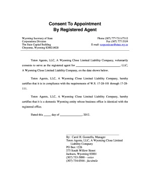 Fillable Online Consent to Appointment by Registered Agent Fax Email ...