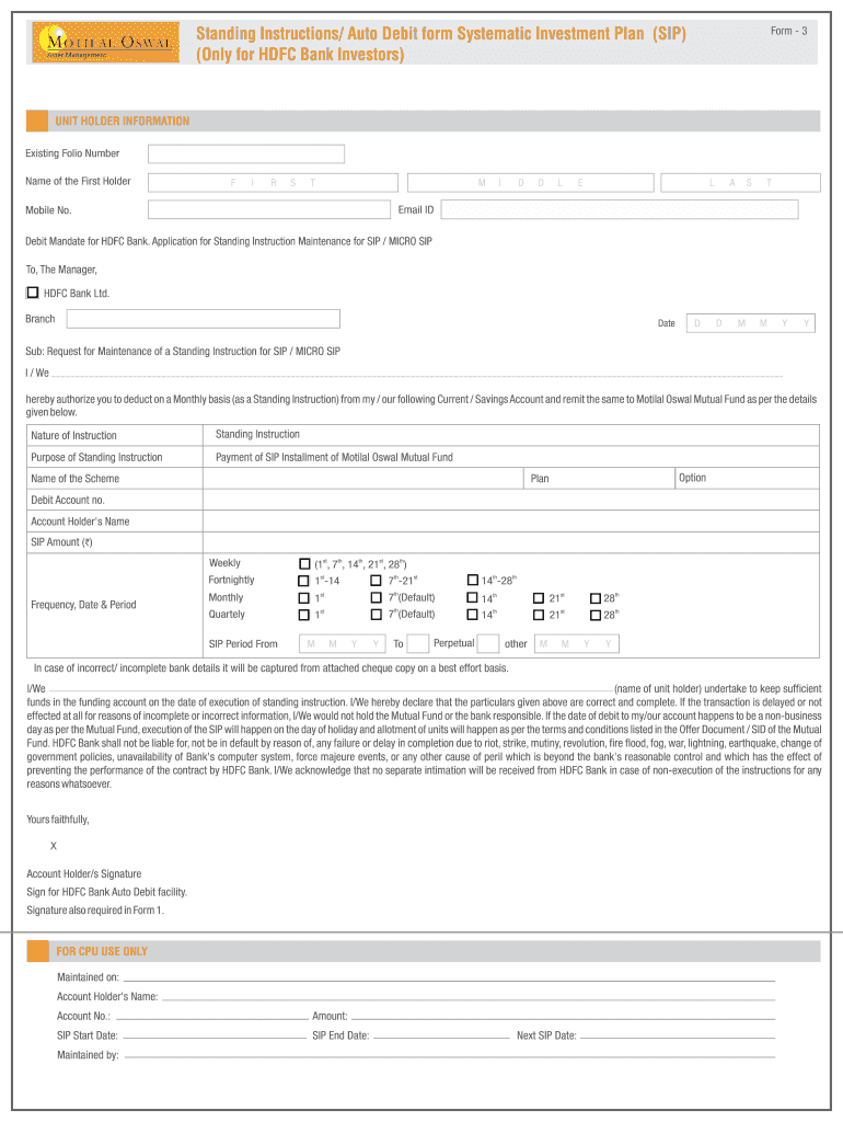 Fillable Online Standing Instructions Auto Debit form Systematic Fax ...