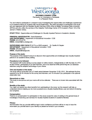 Fillable Online INFORMED CONSENT FORM - University of West Georgia Fax ...