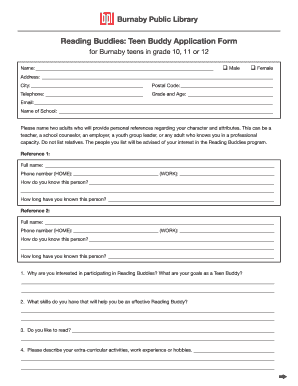 Fillable Online Reading Buddies Teen Buddy Application Form Fax Email ...